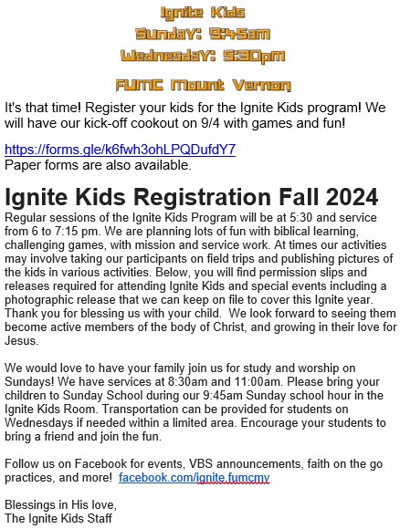 Ignite Kids – Sun and Wed – First United Methodist Church